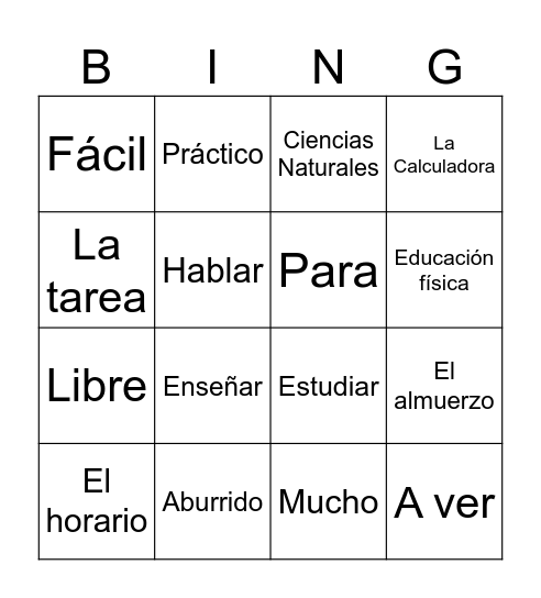 Escuela Bingo Card