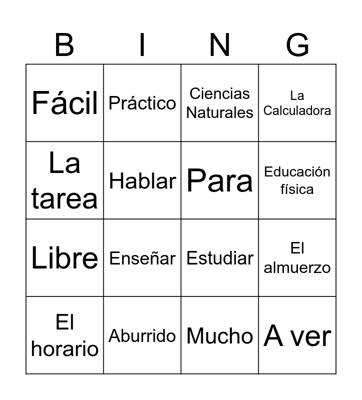 Escuela Bingo Card