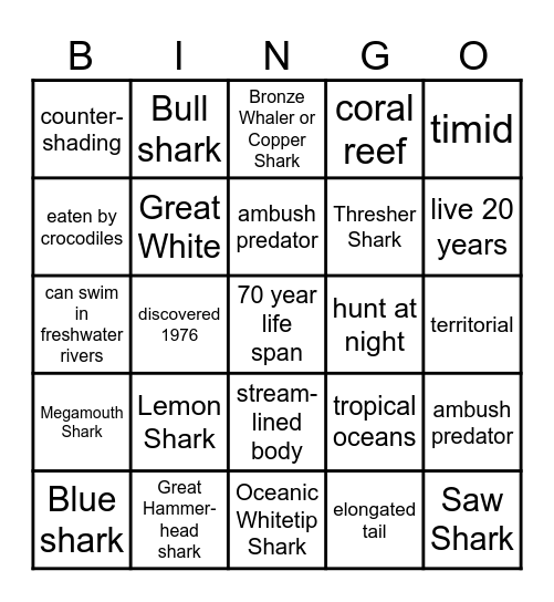 15 Most Amazing Shark Species Bingo Card