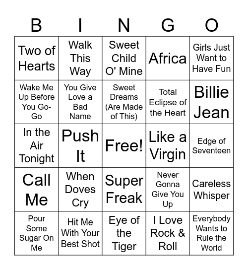 Maddy's 80's Bingo Card