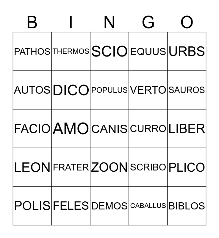 Latin/Greek Root Words Bingo Card