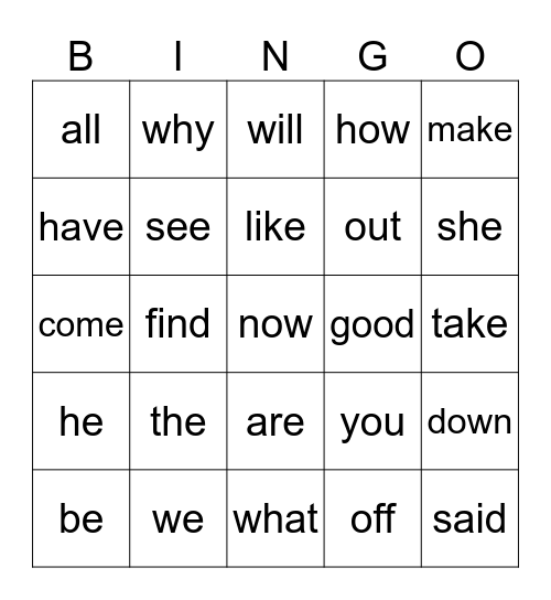 Sight Word Bingo Card