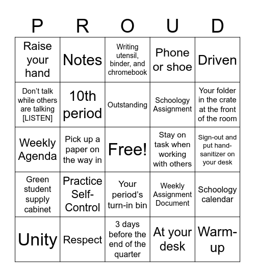 Classroom Expectations Bingo Card