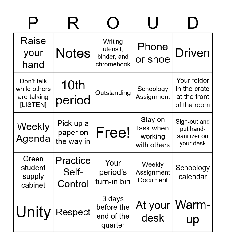 Classroom Expectations Bingo Card