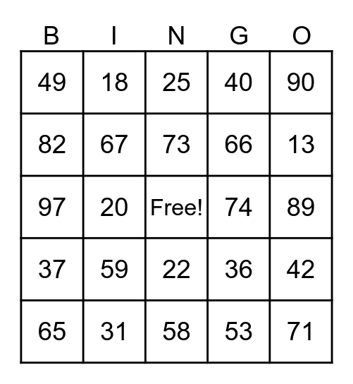 Double Digit Bingo Card