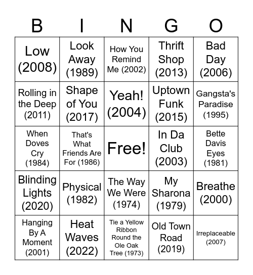 Number Ones by Year Bingo Card