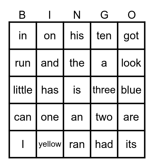 Sight Word Bingo Card