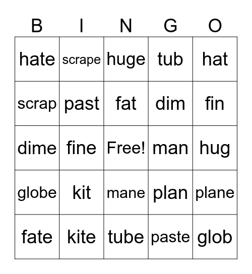 Silent E Words Bingo Card