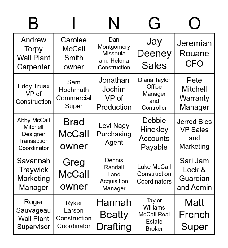 McCall Homes Team Bingo Card