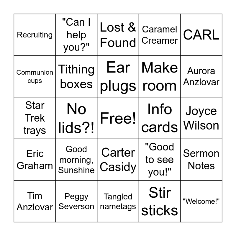 Hospitality Bingo Card