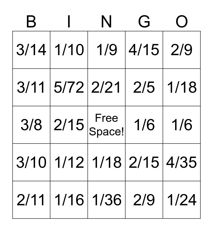 Dividing Fractions Bingo Bingo Card