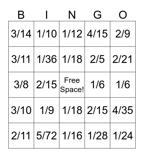 Dividing Fractions Bingo Bingo Card