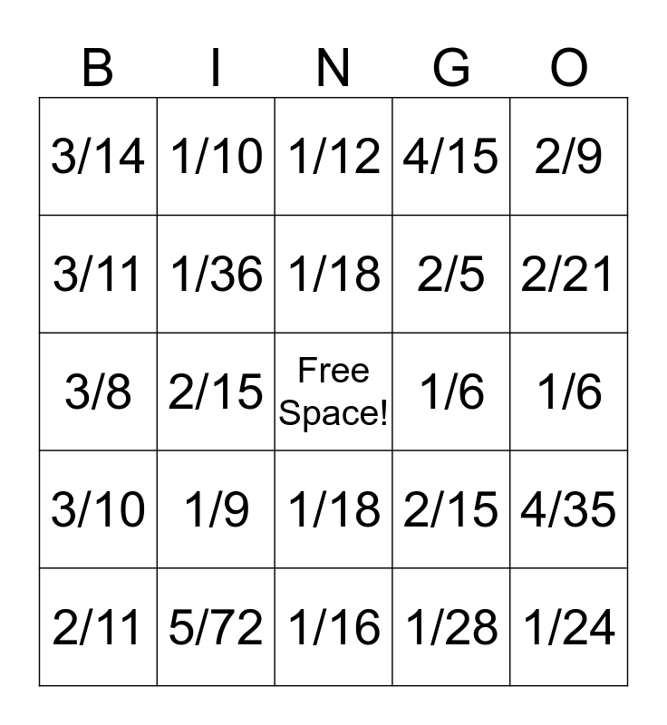 Dividing Fractions Bingo Bingo Card