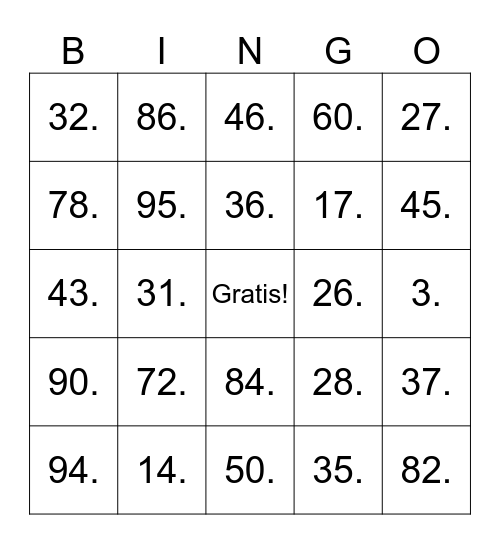 los números Bingo Card