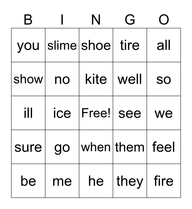 Spelling Word BINGO Card