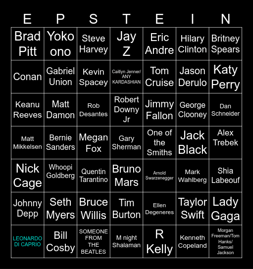 EPSTEIN BINGO!!!!!! Bingo Card