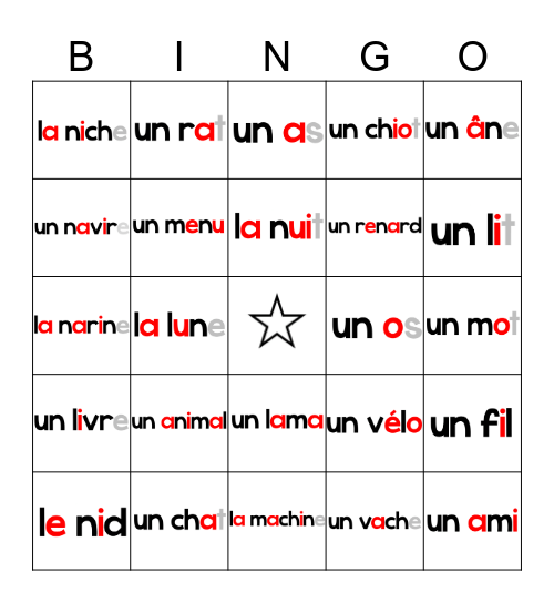 un et les mots avec n Bingo Card