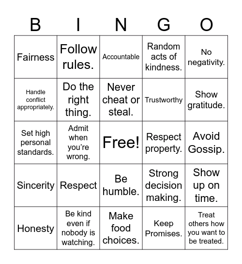 Honesty Bingo Card