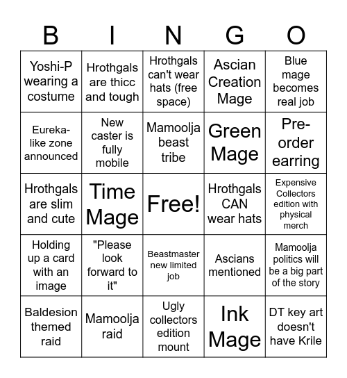 FFXIV Fan Fest Keynote Bingo Card FFXIV Fan Fest Keynote Bingo Card