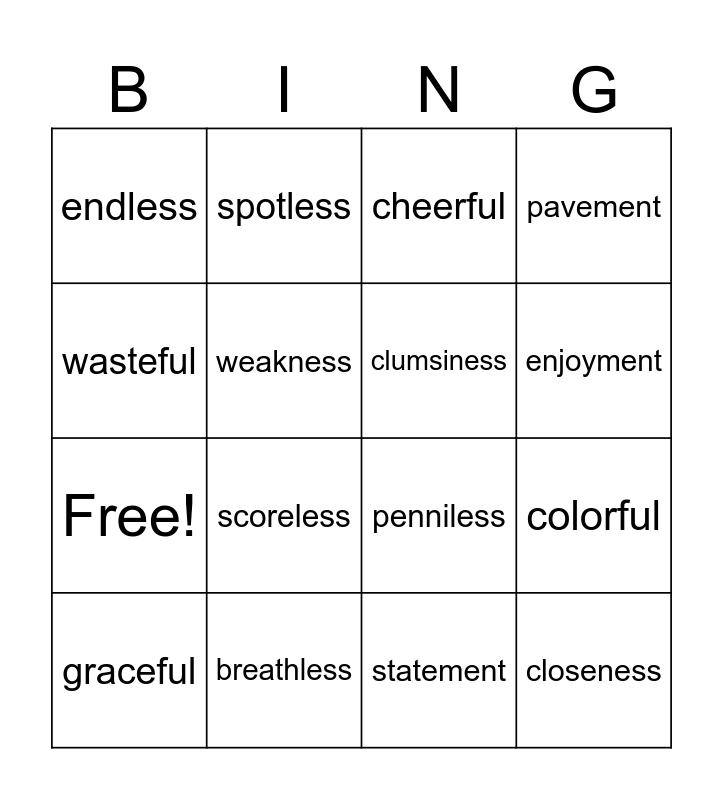 Suffixes Bingo (-ful, -less, -ness, -ment) Bingo Card