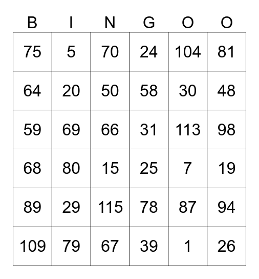 Number Bingo Card
