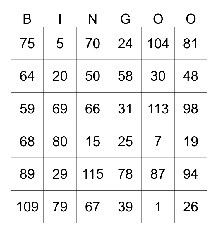 Number Bingo Card