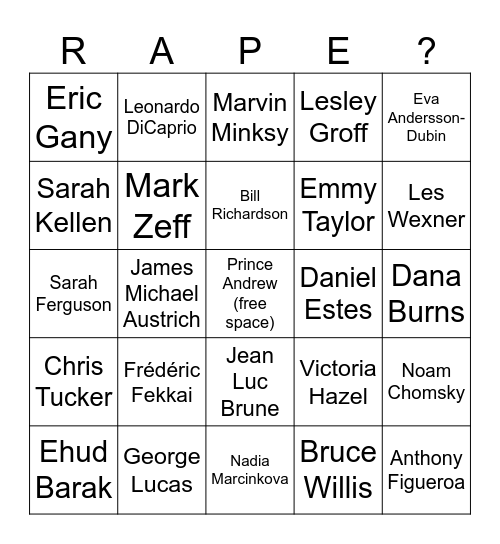 Jeffrey Epstein Bingo Card