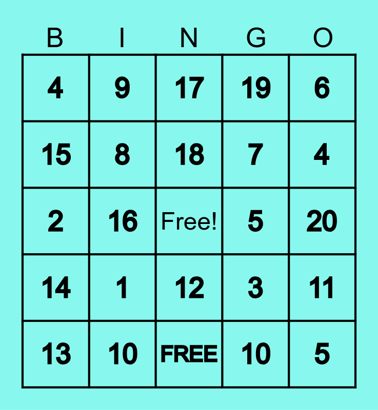 Numbers 1-20 Bingo Card