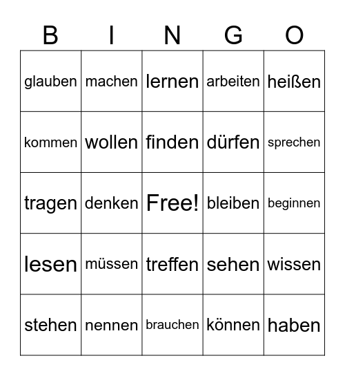 German 1 Common Verbs Bingo Card