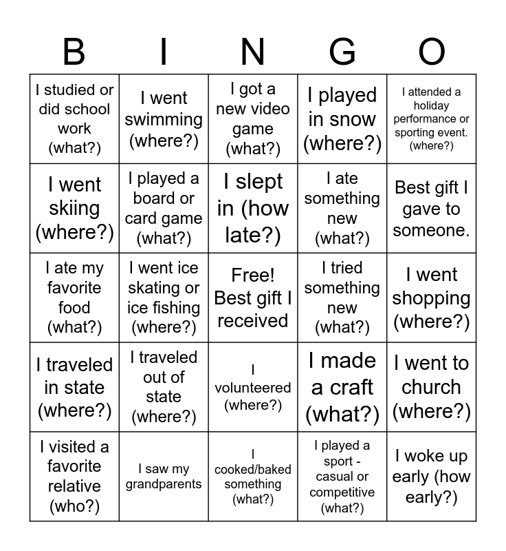 Post-Winter Break Bingo Card