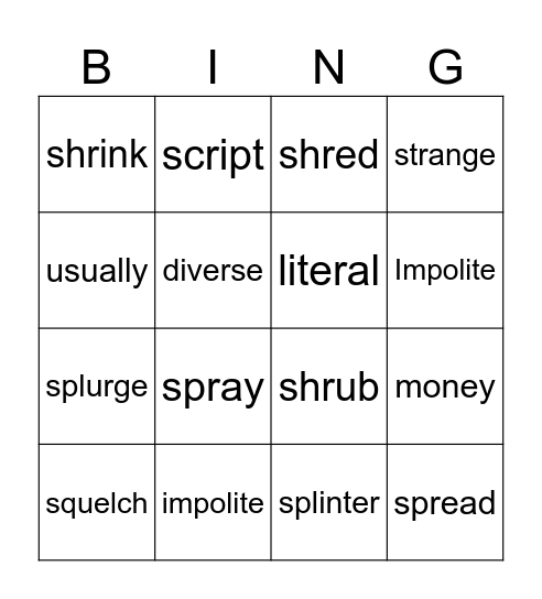Set 3: Spr, Shr, Str, Squ, Scr, Spl Bingo Card