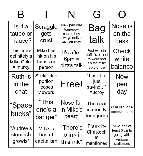 The Mike Audrey Show Bingo Card