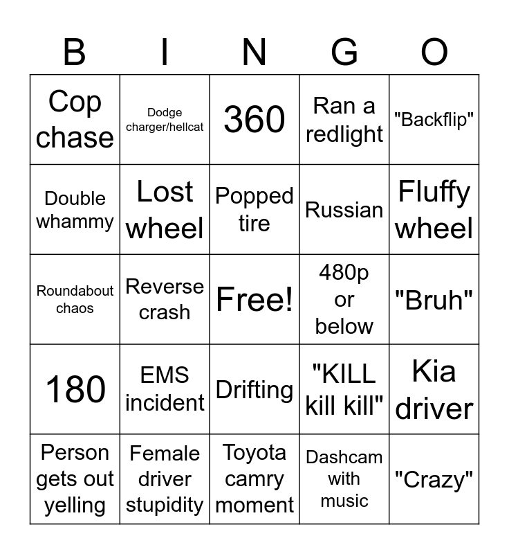Car crash bingo Card