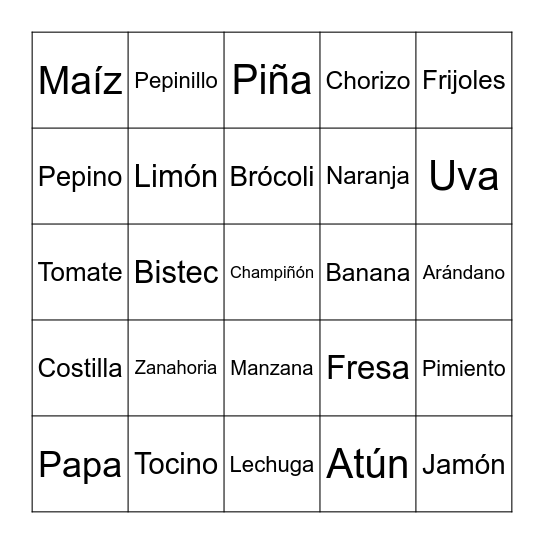 frutas, vegetales, y carne Bingo Card