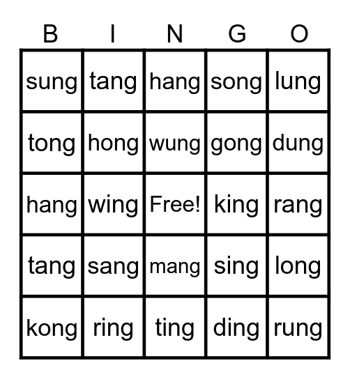 -ng Endings Bingo Card