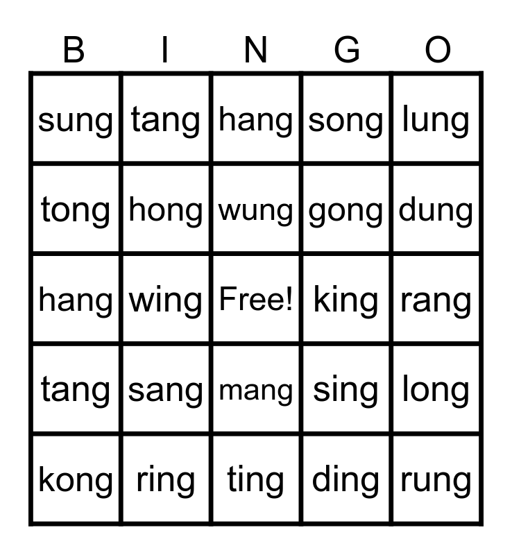 -ng Endings Bingo Card