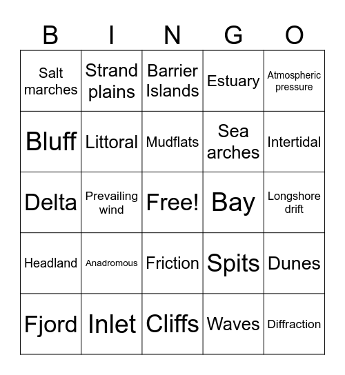 Coastal Processes & Features Bingo Card