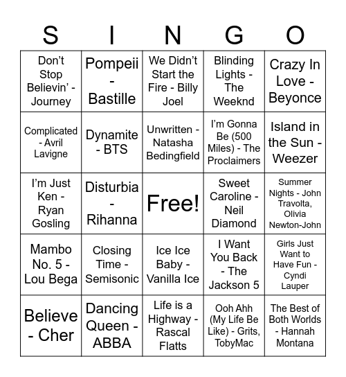 SINGO! Bingo Card