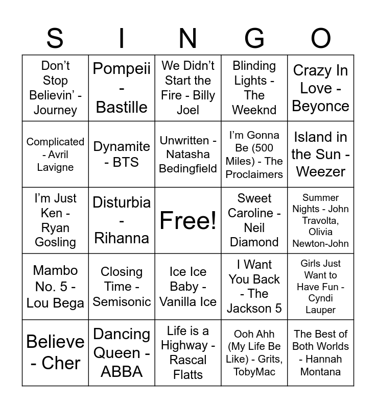 SINGO! Bingo Card
