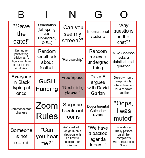 Grad Coordinator Meeting Bingo Card