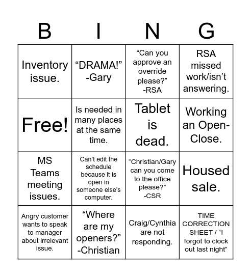 MANAGER Bingo Card