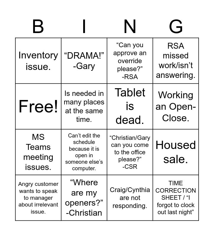 MANAGER Bingo Card
