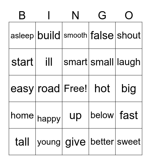 Synonyms and Antonyms Bingo Card