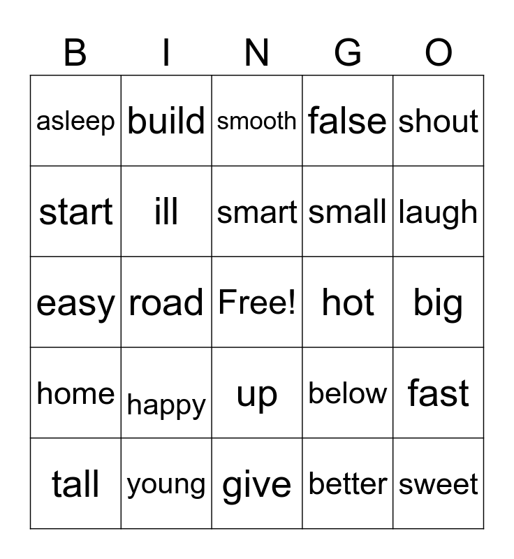 Synonyms and Antonyms Bingo Card