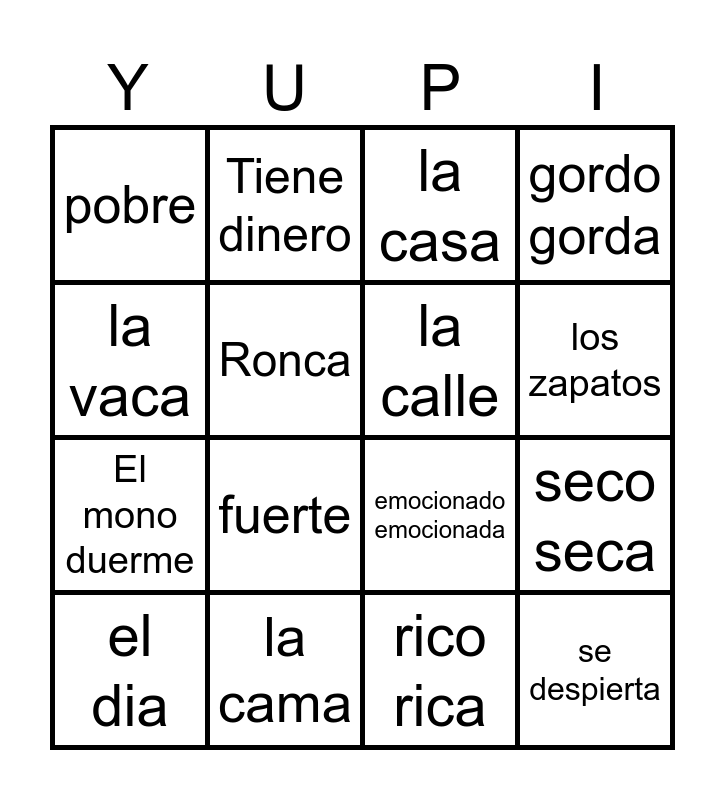 La Vaca y El Mono TPRS Bingo Card
