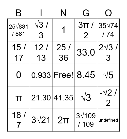Math Semester 1 Review Bingo Card