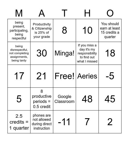 MATH Bingo Card