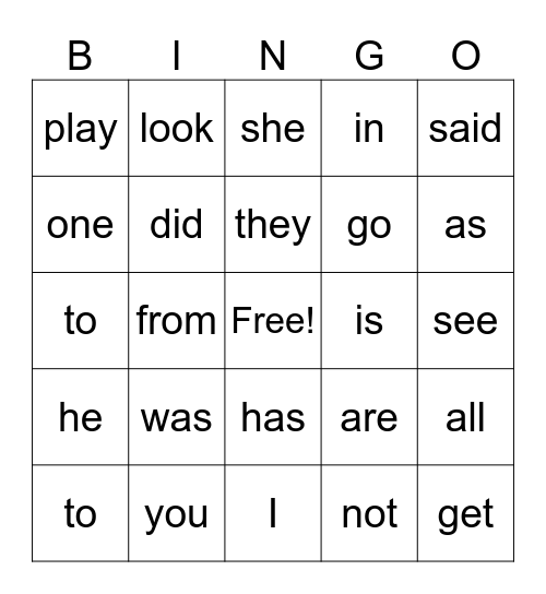 Sight Word Bingo Card
