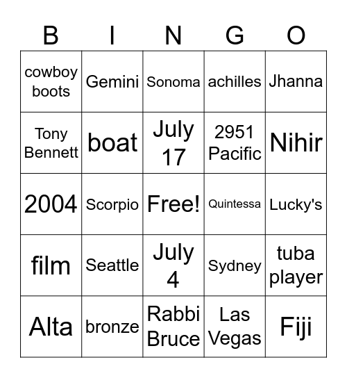 JK Anniversary Bingo Card