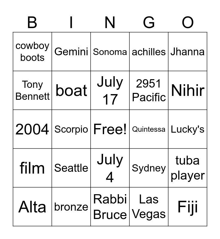 JK Anniversary Bingo Card